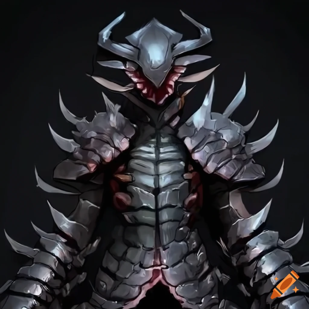 Anime character in black centipede armor with sharp features on Craiyon