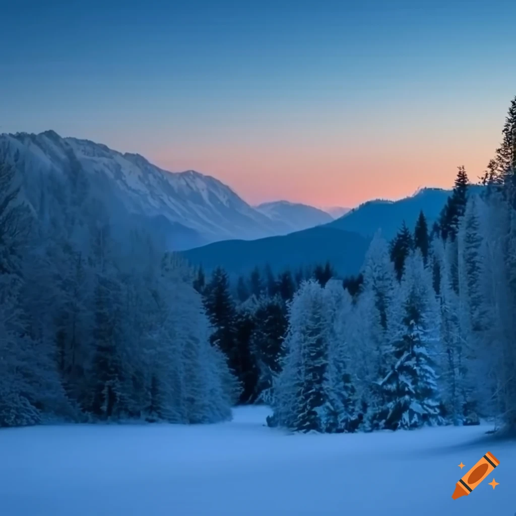 Frosty morning valley with snowy peaks and pine trees on Craiyon