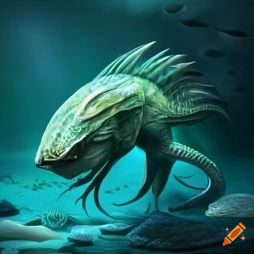 Aquatic alien creature with fish and reptile elements on Craiyon