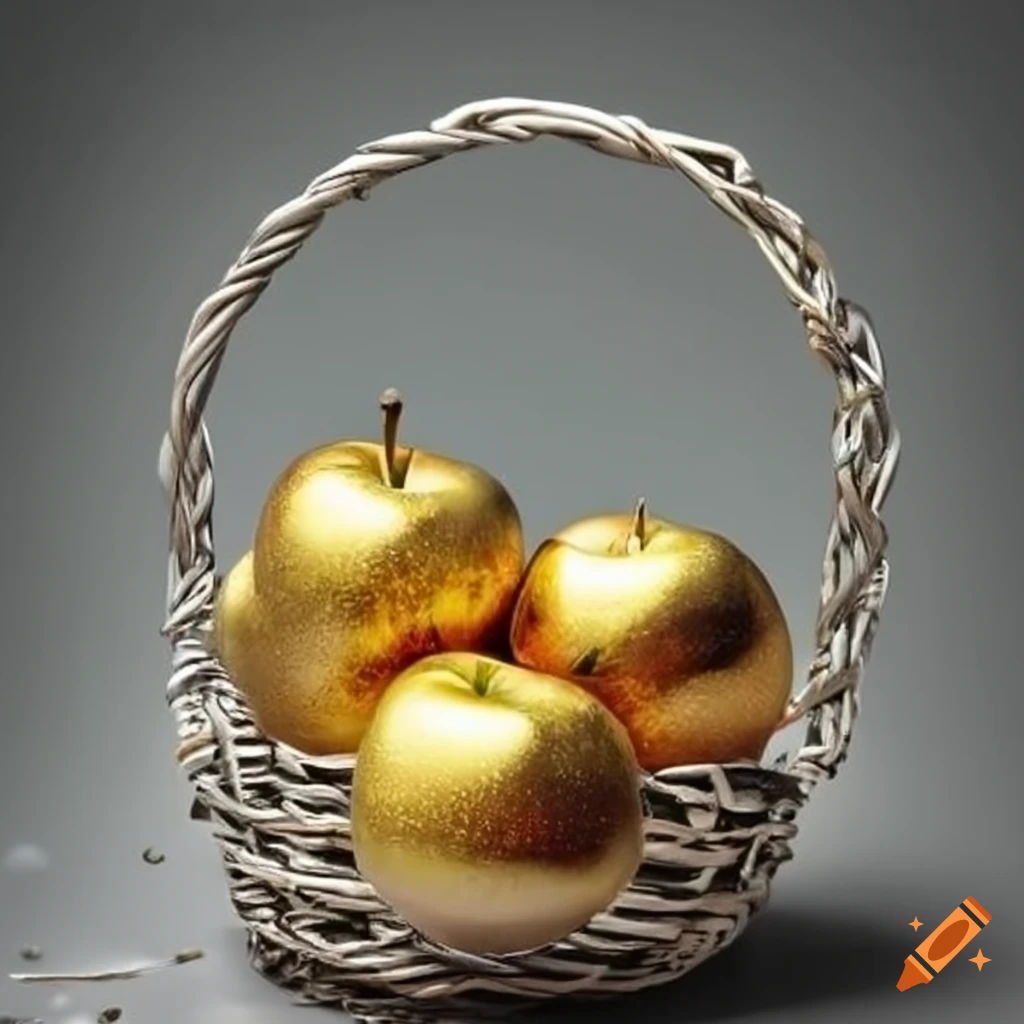 24 karat gold apples in a silver basket on Craiyon