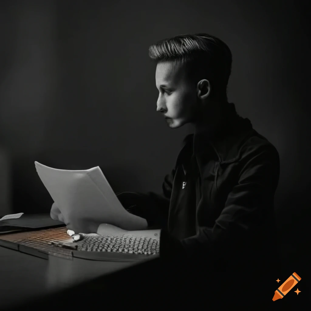 Man studying an ebook on basic grammar and sentence structure on Craiyon