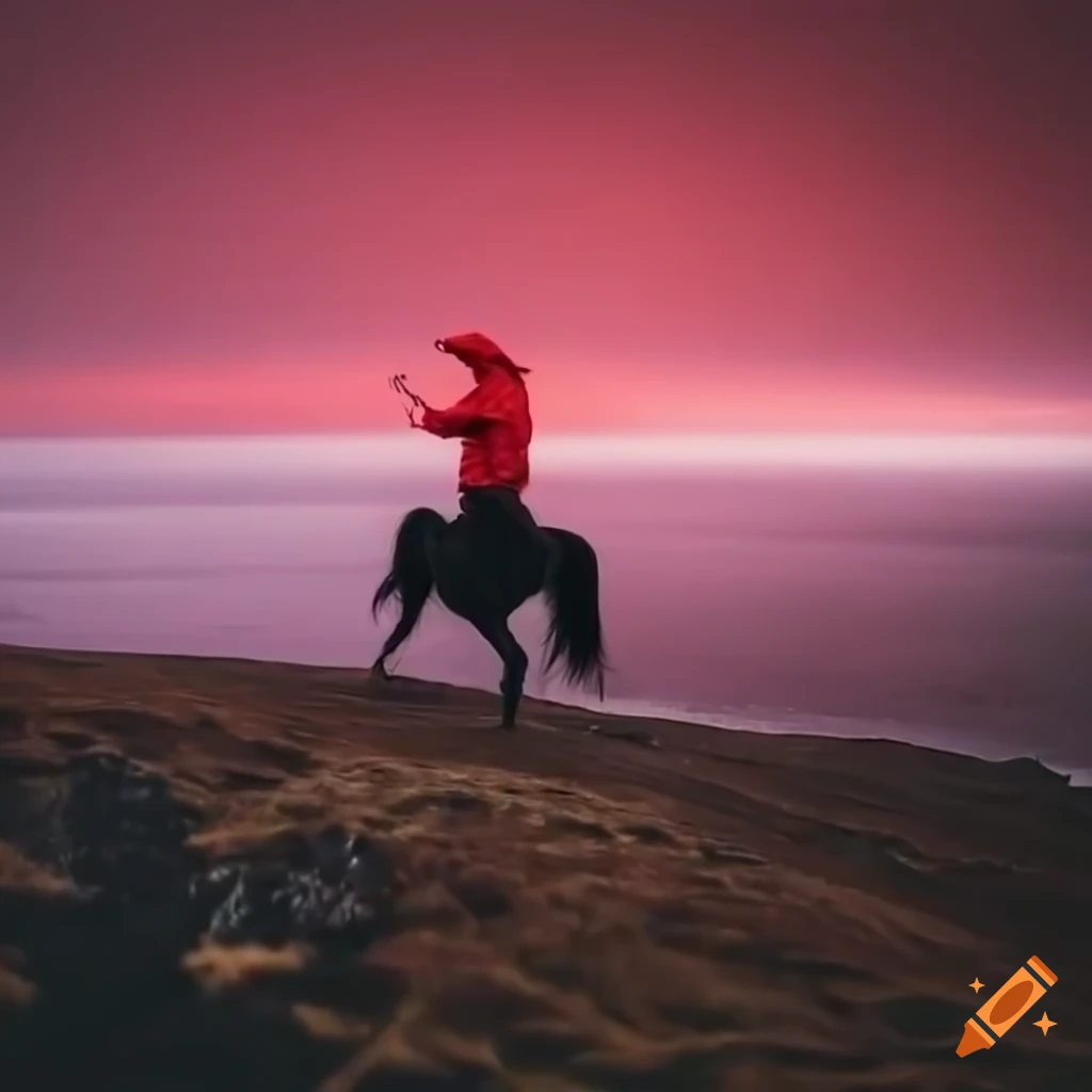 Red hooded robed figure riding a horse in Icelandic landscape on Craiyon