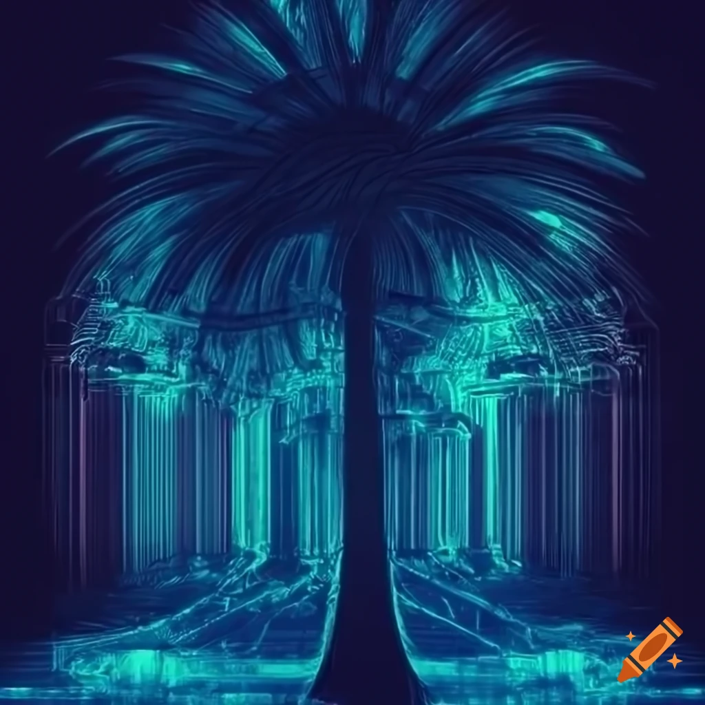 Detailed blueprint of a 4k palm tree in a lush green jungle with ...
