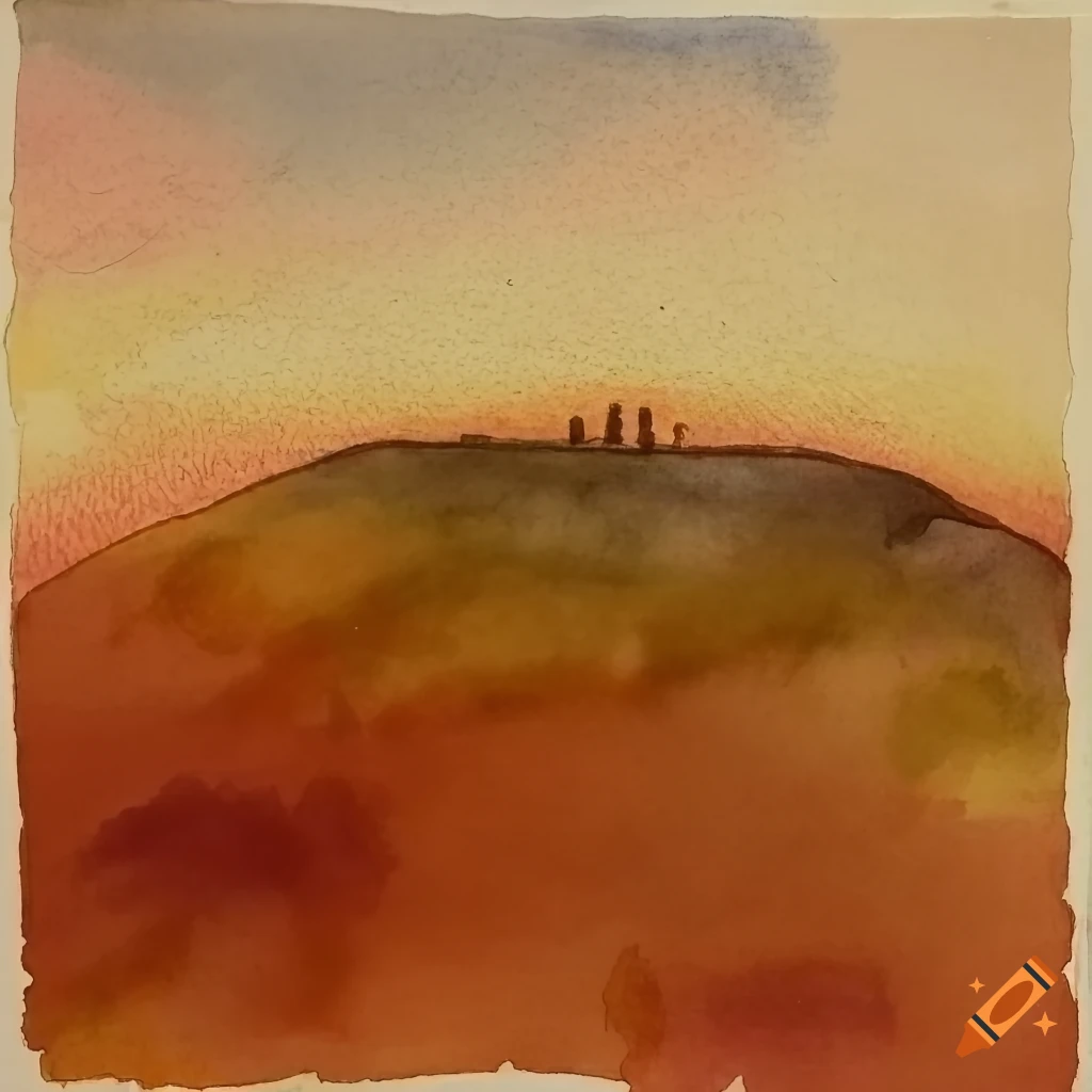 Hill at sunset painting in watercolour with granulation on paper on Craiyon
