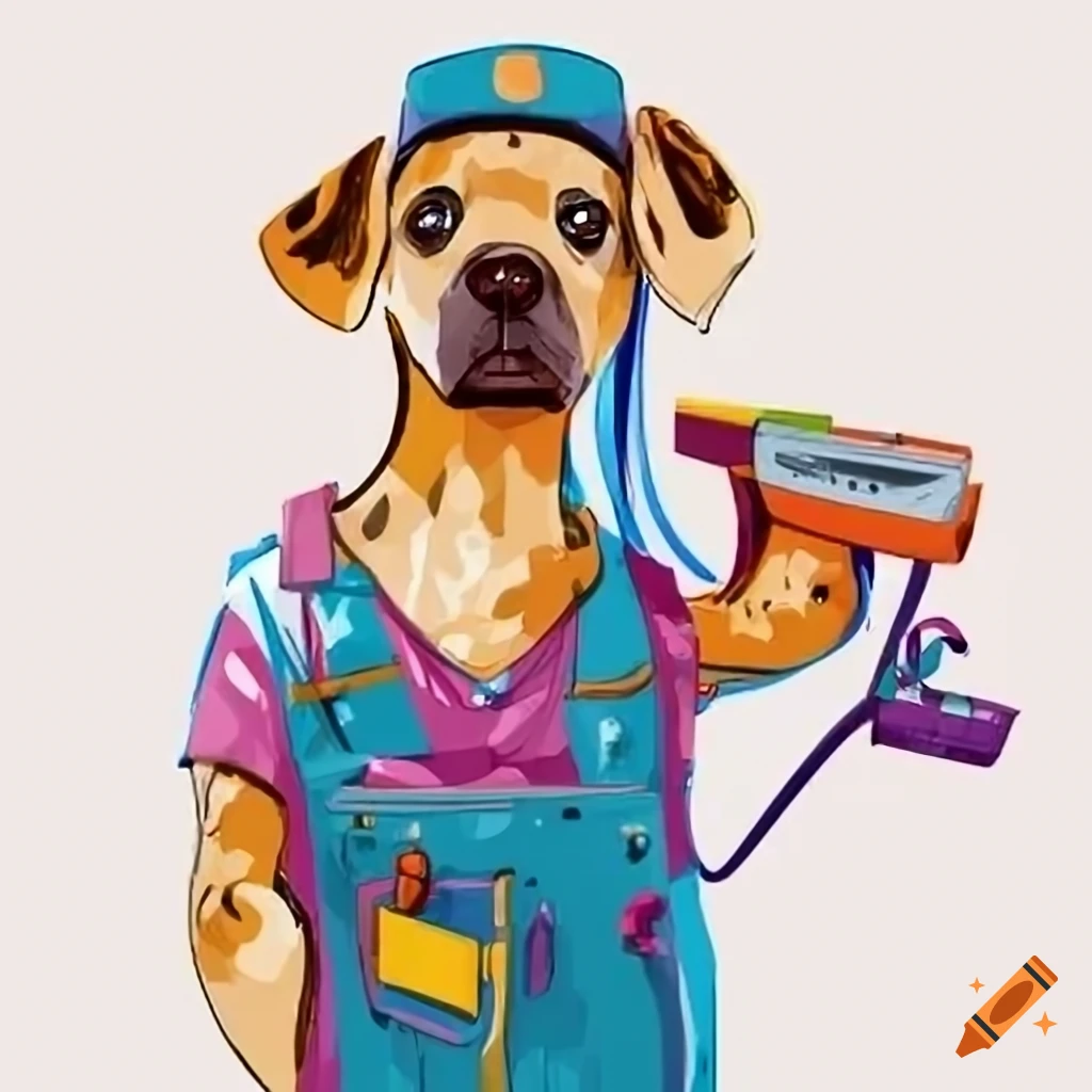 Whimsical scene of a dog technician working with tools and equipment on ...