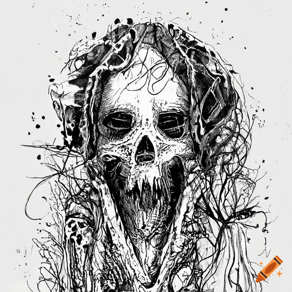 Intricate black and white ink drawing of a tormented ghost on Craiyon