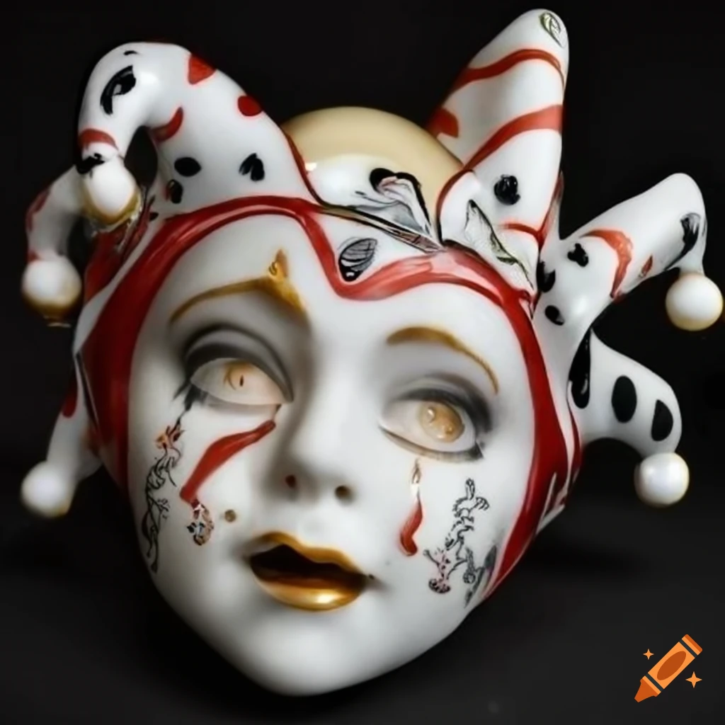 Ornate porcelain female jester mask in Harlequin colors on Craiyon