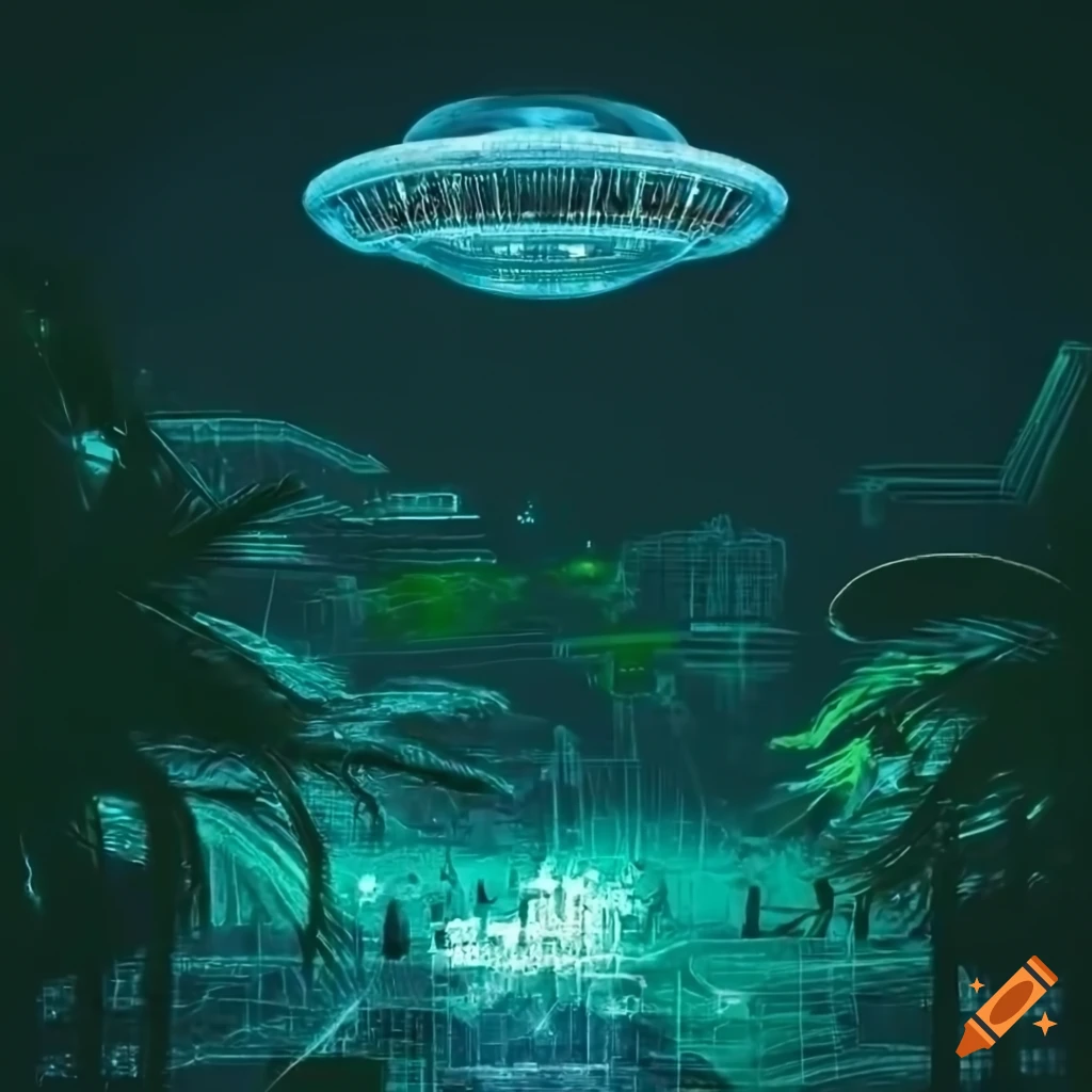 Palma tree and ufo silhouette in lush green jungle with dramatic ...