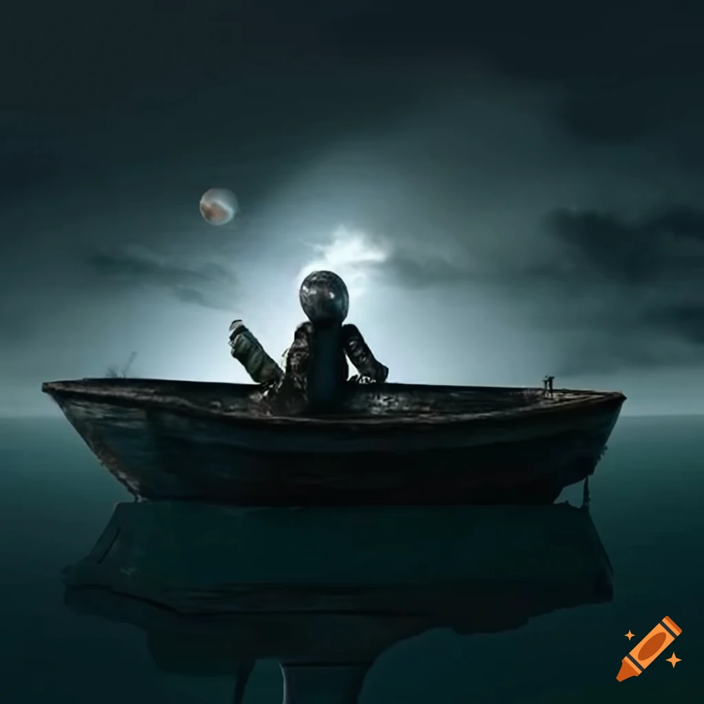 Alien astronaut in a wooden boat on a cyan ocean under an eerie sky on ...
