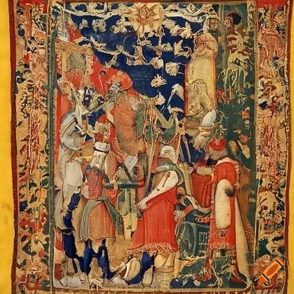 Medieval tapestry depicting a battle scene with a king on Craiyon