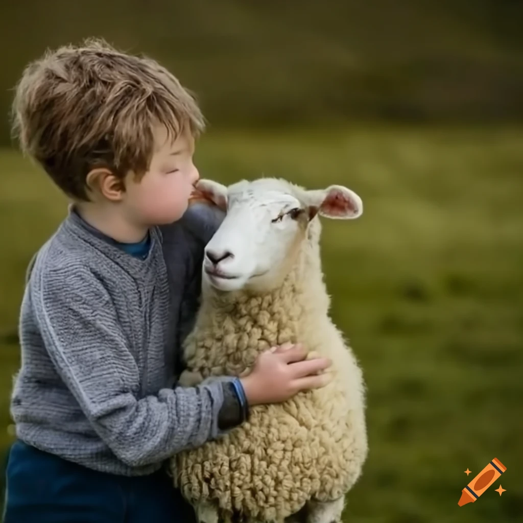 Welsh boy looking at a sheep with hands outstretched on Craiyon