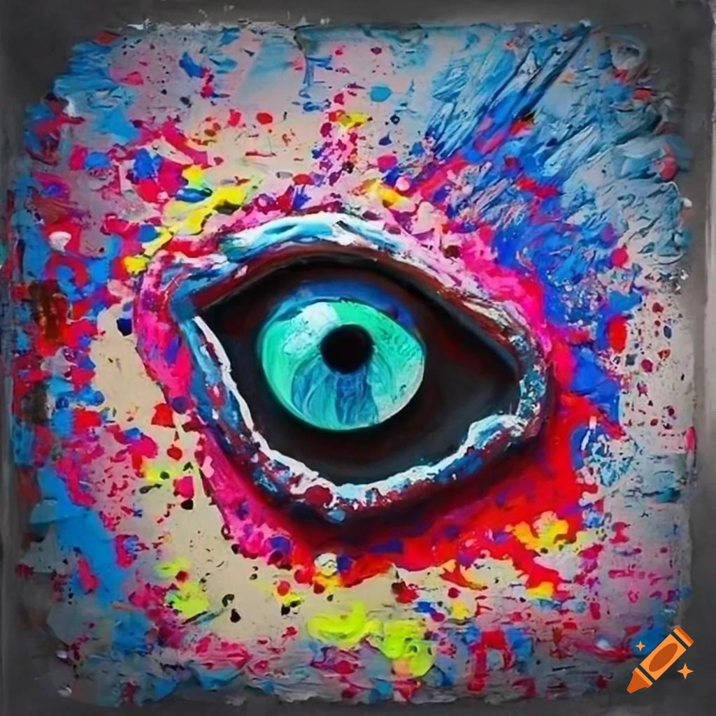 Detailed glitch art eye comet and impasto graffiti eyeball meteor ...