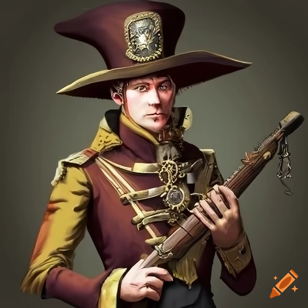 Napoleonic rifles jacket worn by a Steampunk bard with lute and tricorn ...