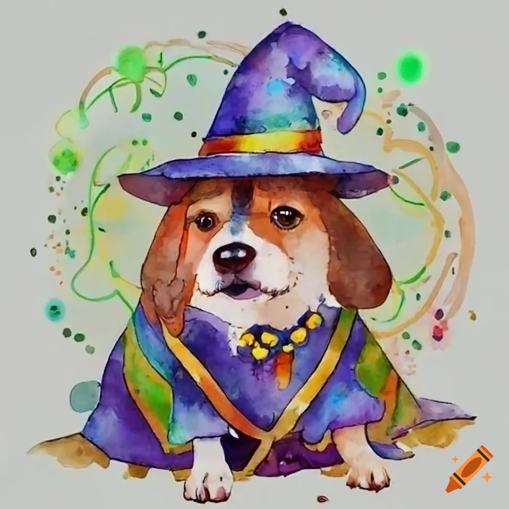 Dog wizard performing magical tasks in a whimsical cartoon style on Craiyon
