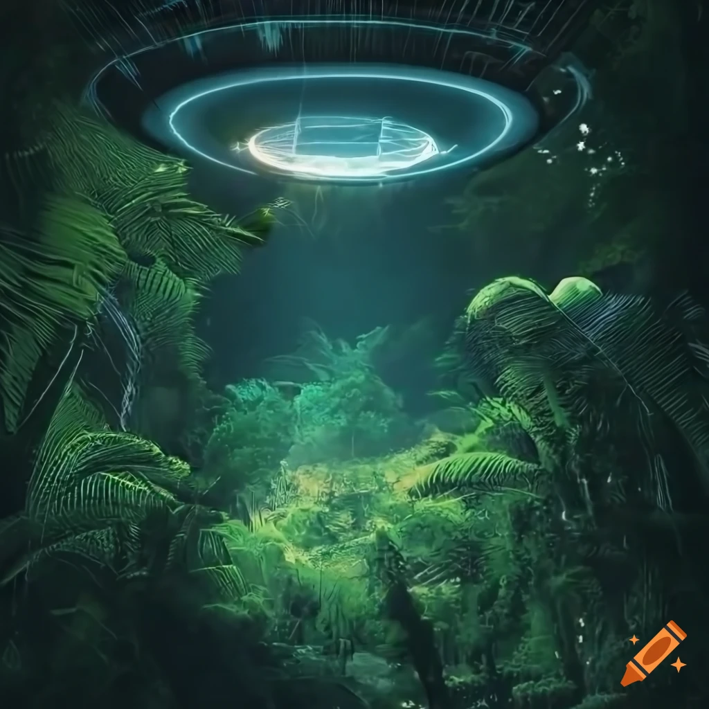 Detailed engineering blueprint of a ufo and palm tree in a lush green ...
