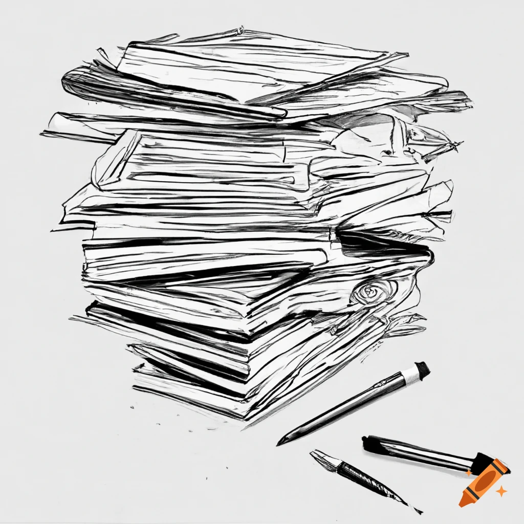 Illustration of paperwork in black and white on Craiyon