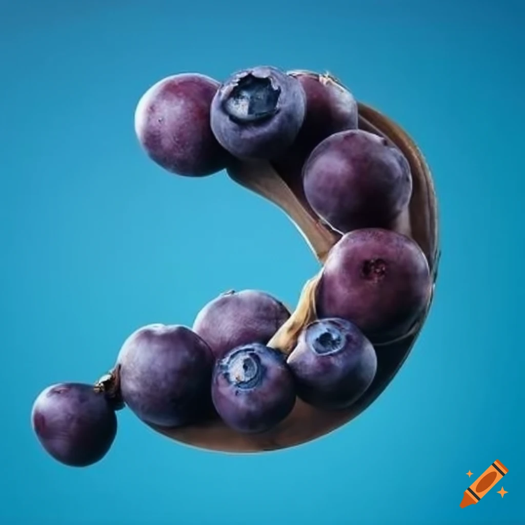 Blue-gray fruit combining blueberry and banana qualities on Craiyon