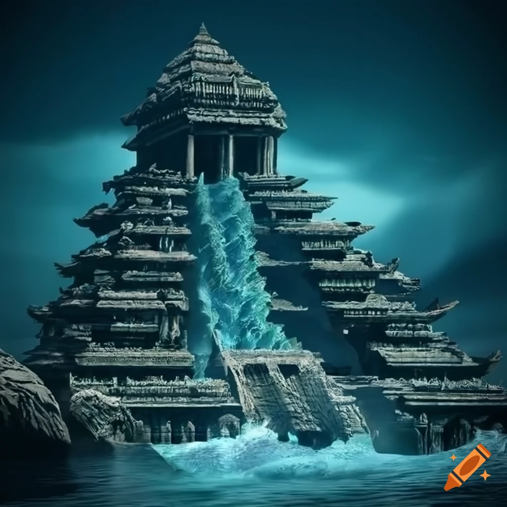 Digitally rendered ancient ruined temple with Polynesian inspired ...