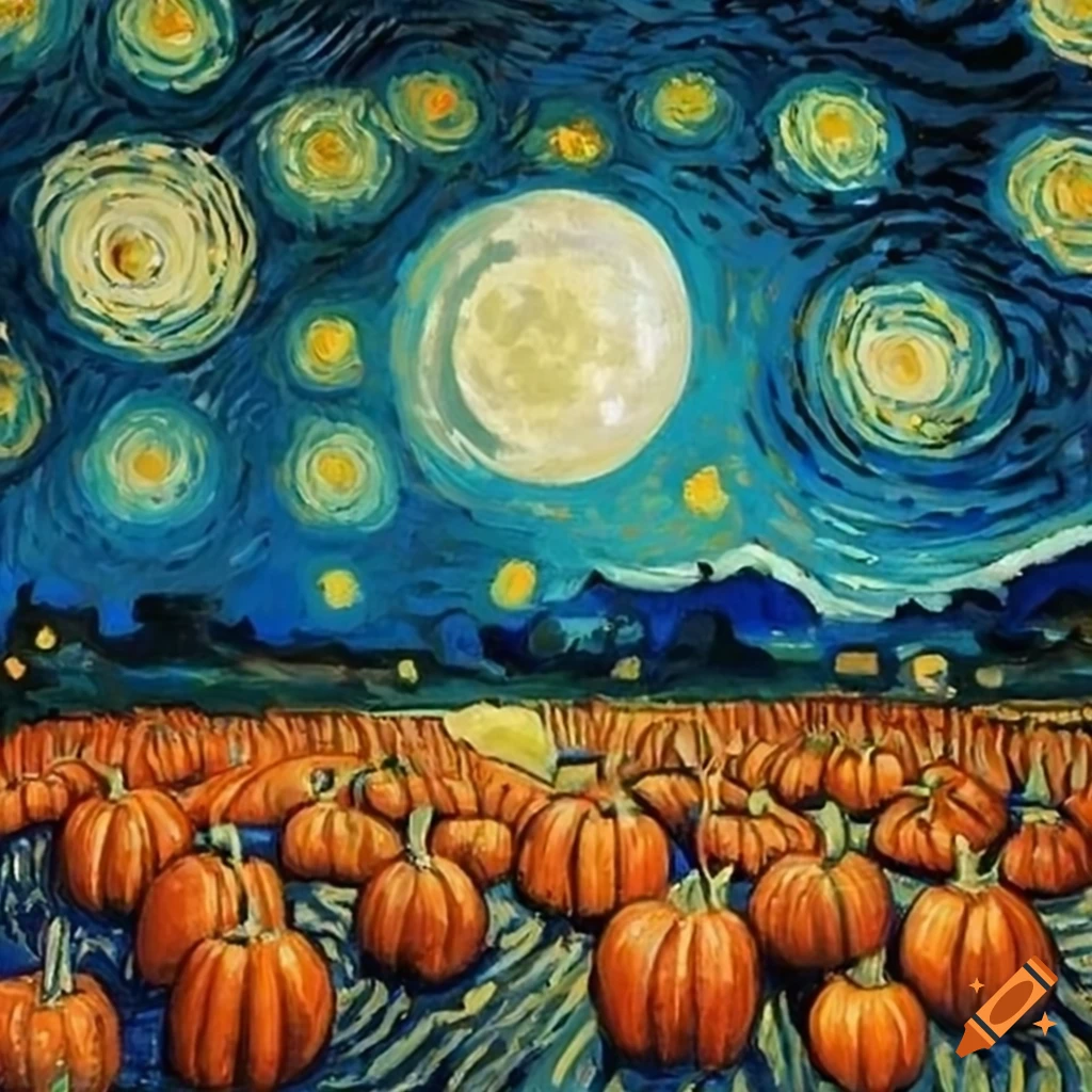 Night sky over pumpkin patch with fireflies in van gogh style on Craiyon