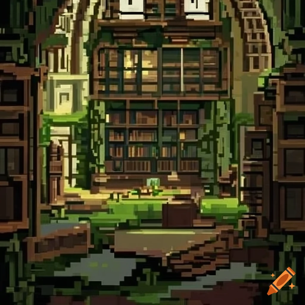 Pixel art medieval fantasy ruined overgrown library on Craiyon