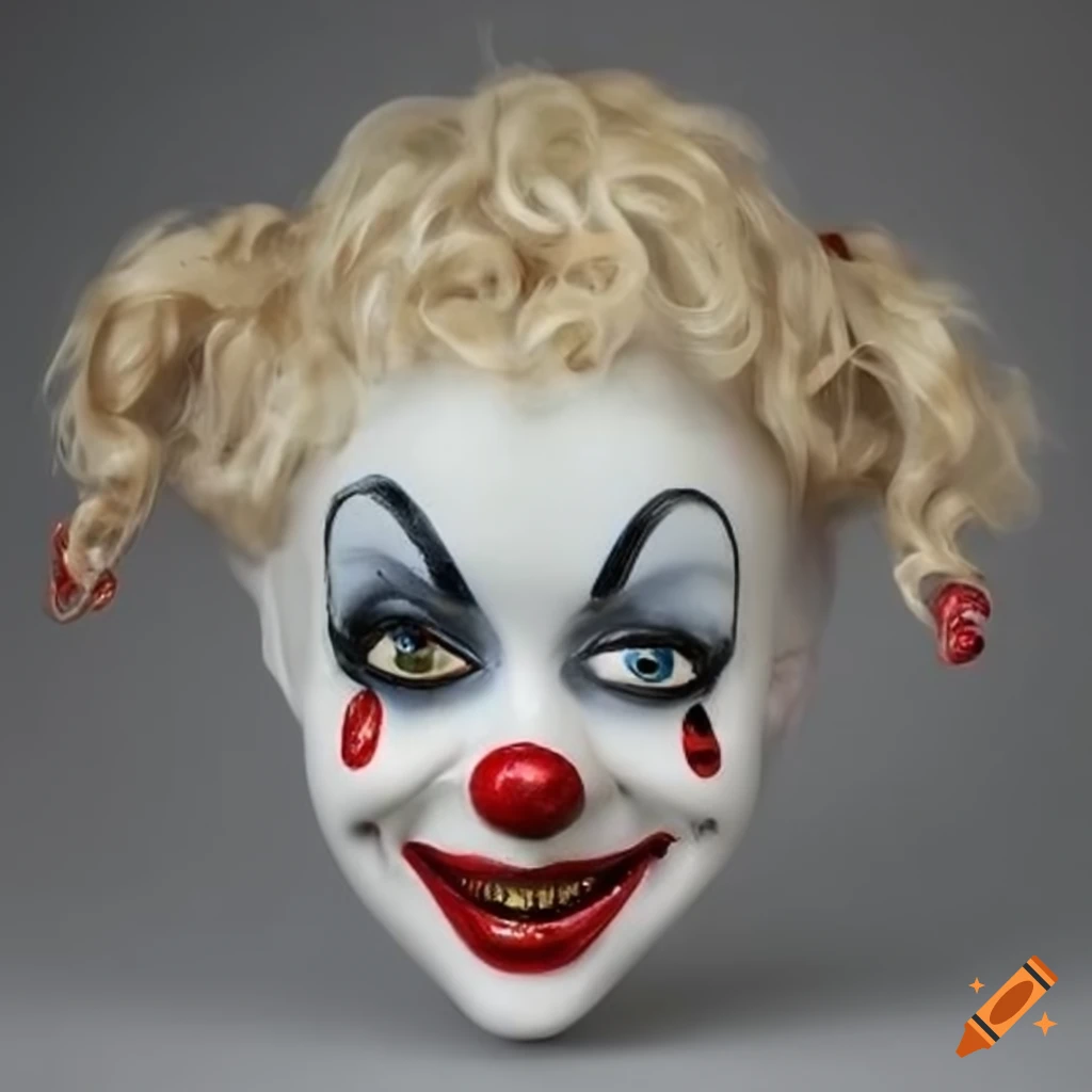 Ornate porcelain female clown mask in red, white, and black design with ...