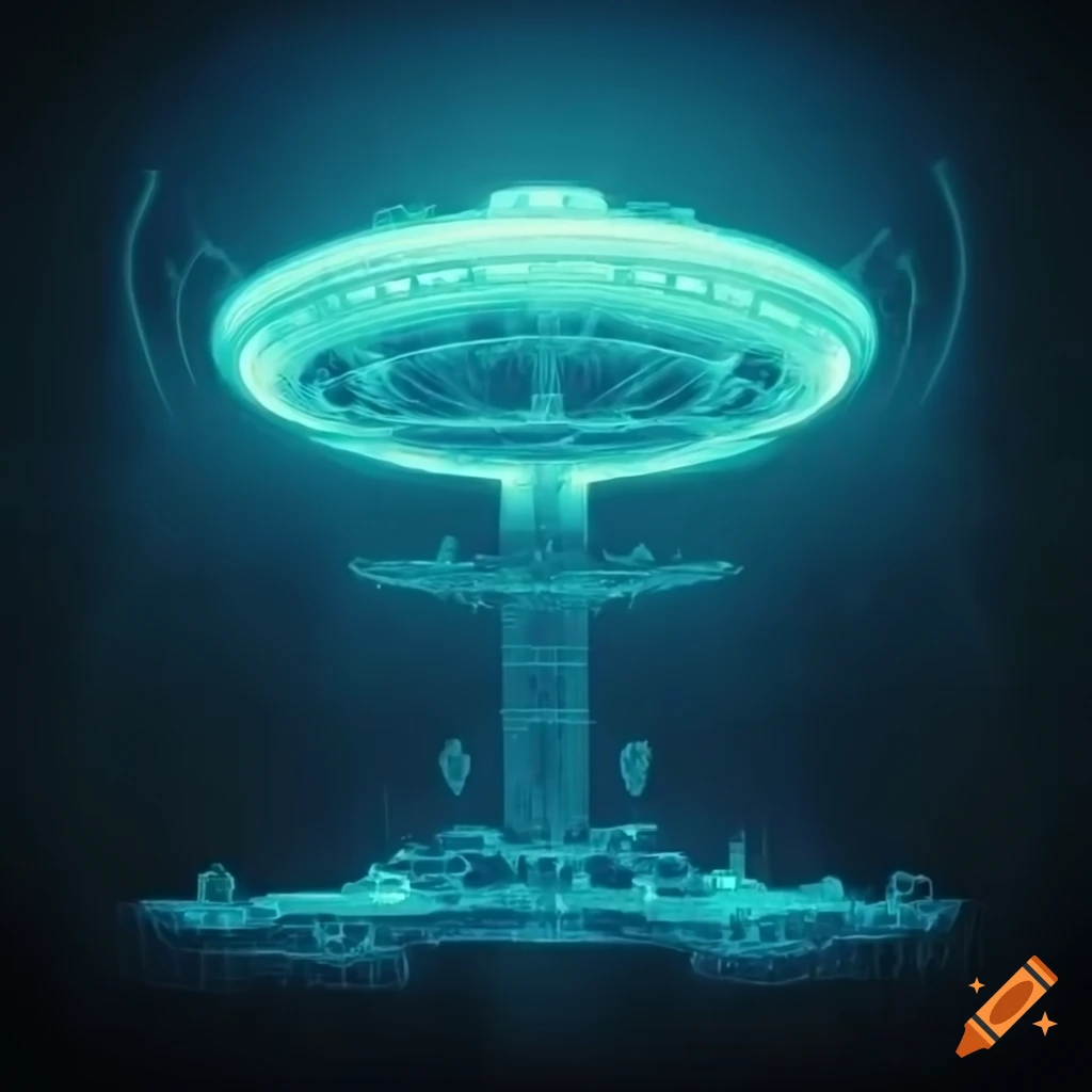Detailed engineering blueprint of a ufo and palm tree in a lush green ...