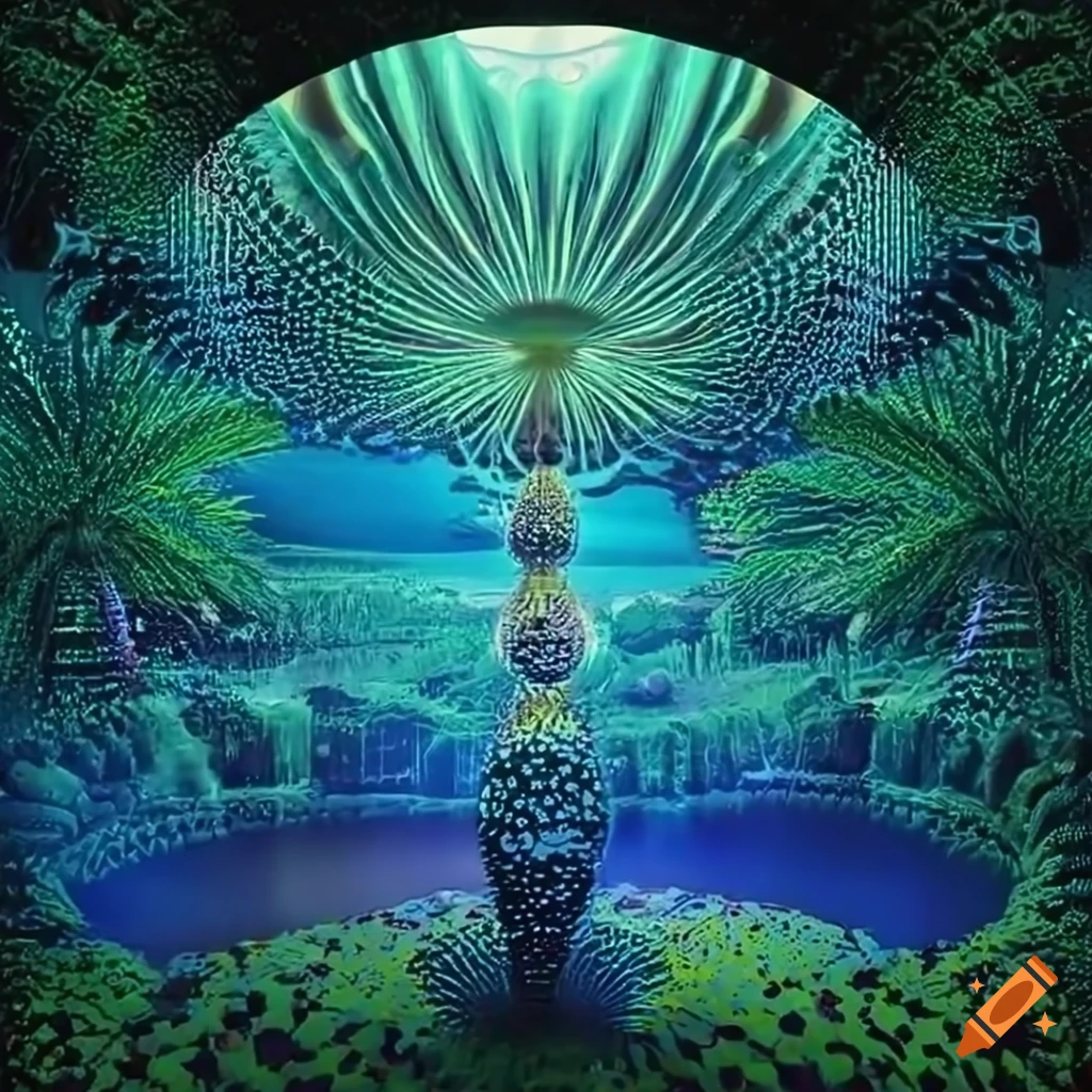 Palma tree view under lush green jungle with dramatic lighting, ufo ...