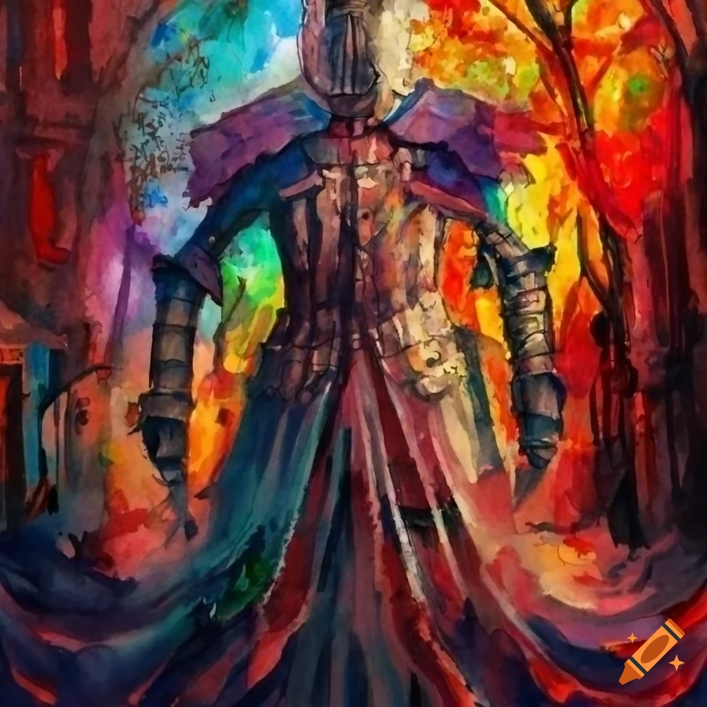 Colorful gothic knight inspired by bloodborne in fullbody watercolor ...