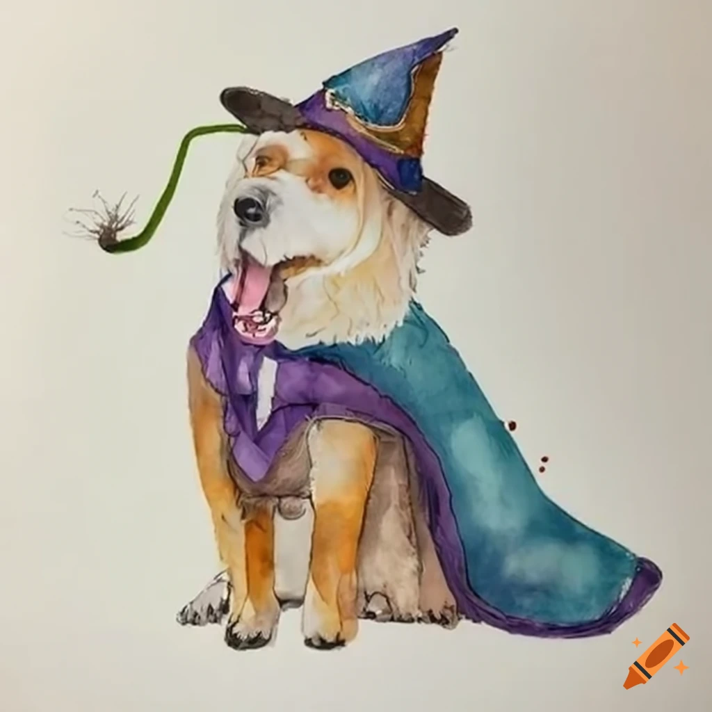 Dog dressed as a wizard performing magical tasks on Craiyon