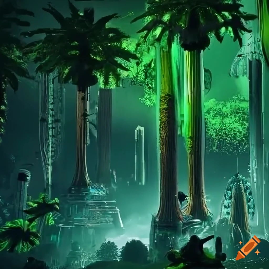 Palma tree seen from below in lush green jungle with dramatic lighting ...