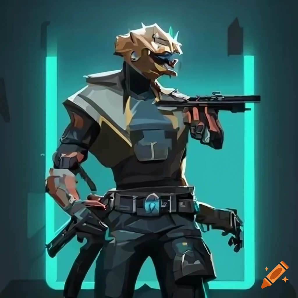 Valorant agent with robot-lizard helmet and futuristic weapons in ...