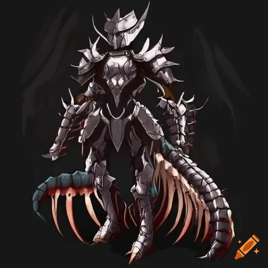 Centipede armor in black with sharp teeth, anime style on Craiyon