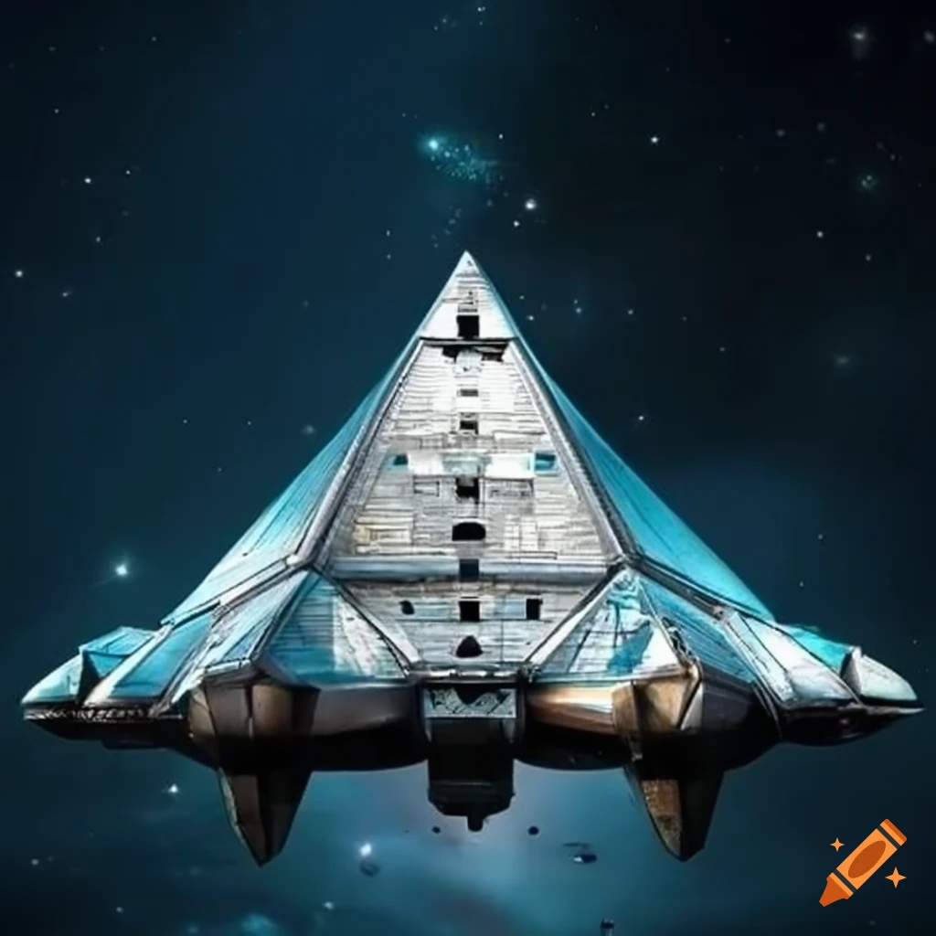 Giant silver pyramid spaceship in space on Craiyon