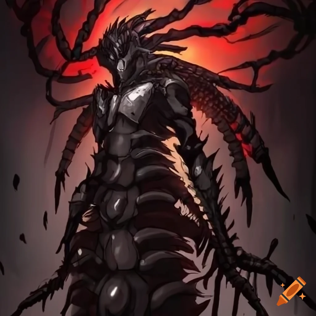 Anime character in black centipede armor with sharp teeth and mandibles ...