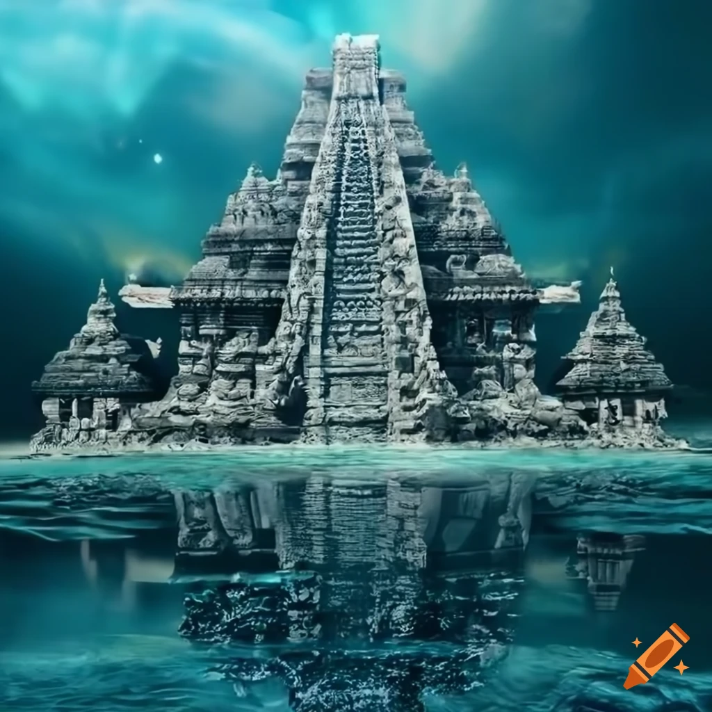 Digitally rendered ancient ruined temple with polynesian inspired ...