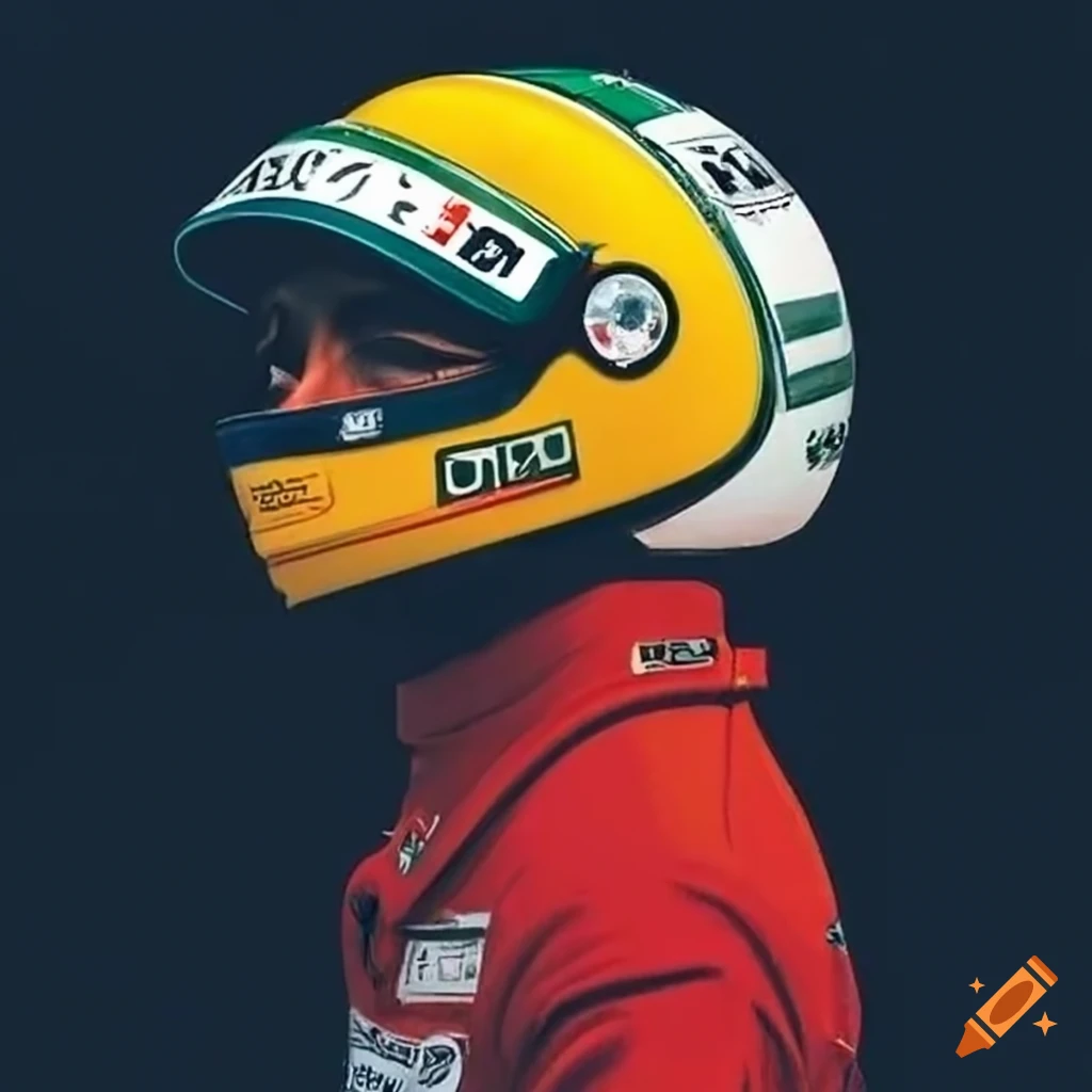 Side portrait of Formula One champion Ayrton Senna in helmet on Craiyon