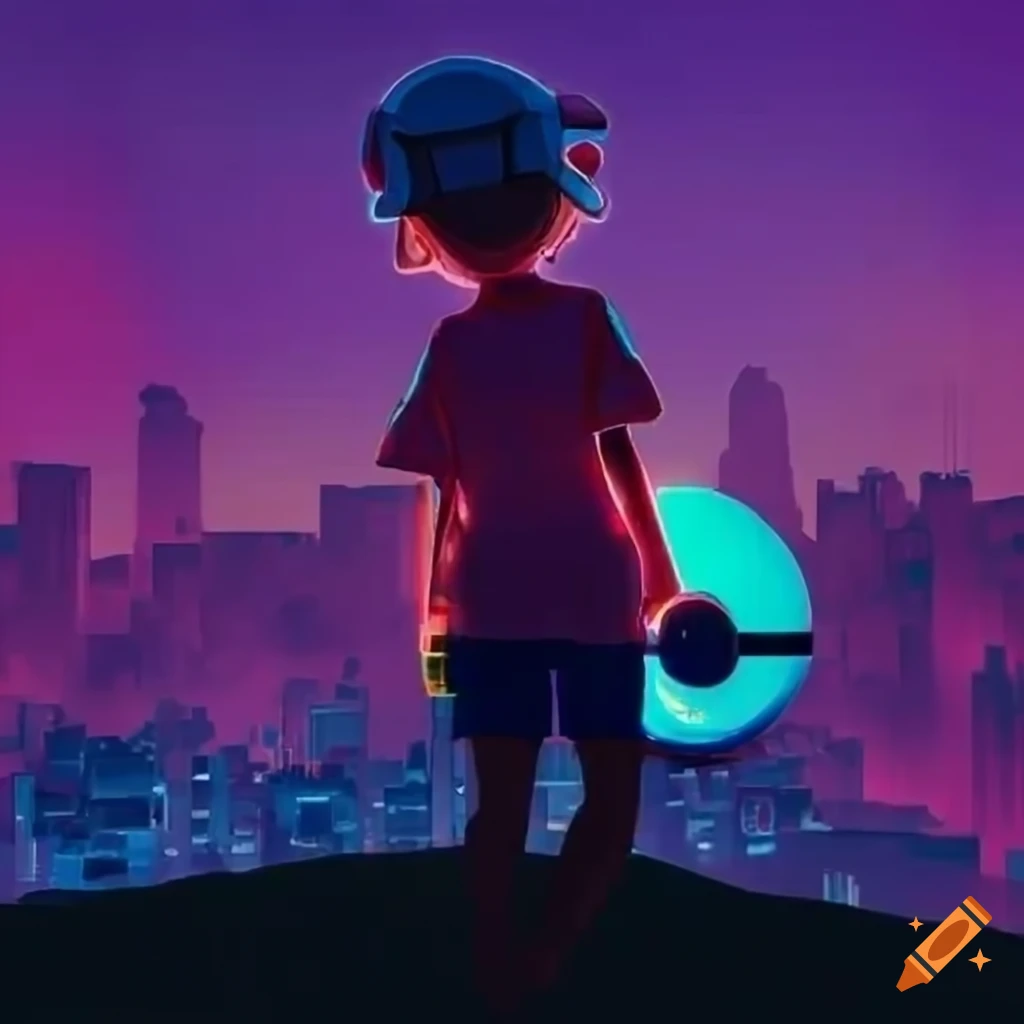 Pokemon trainer with pokeball shirt overlooking neon cyber punk ...