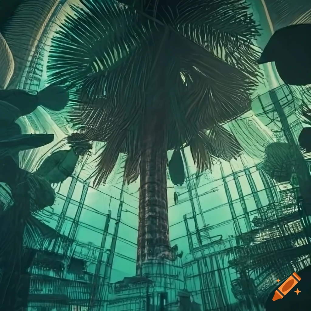 Detailed engineering drawing of a palm tree in a lush green jungle with ...