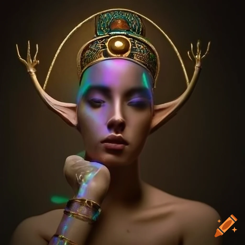 Techno-elf with egyptian god aesthetic in bronze silicon material on ...