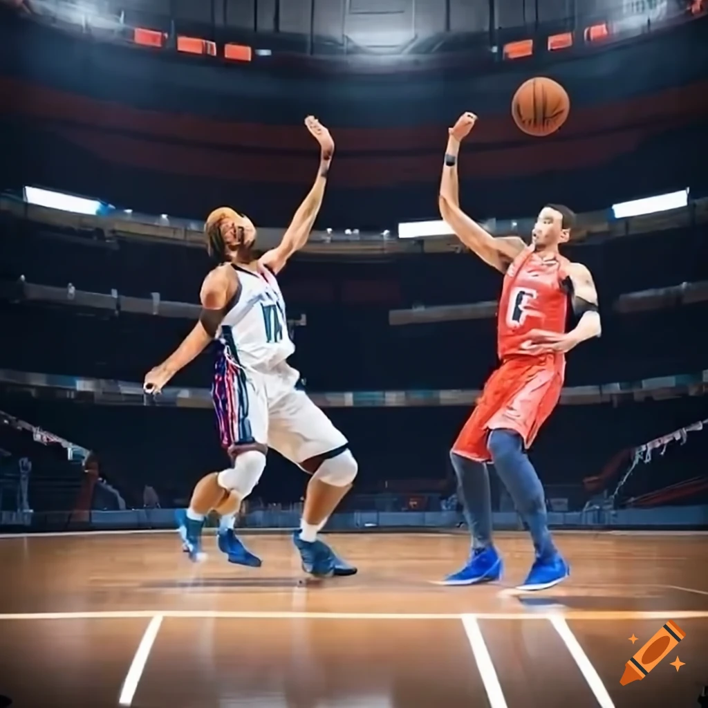 Professional basketball players in action on a court in a brightly lit ...