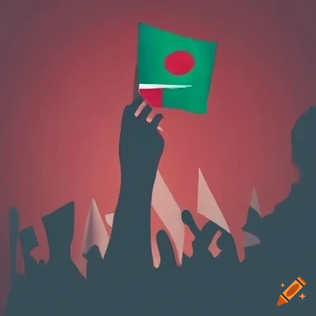 Student holding bangladeshi flags in a protest scene with red colors ...