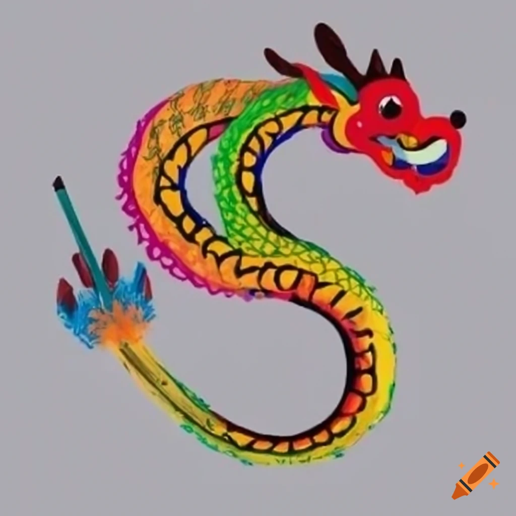 Childlike drawing of a Chinese dragon with stick crayons on Craiyon