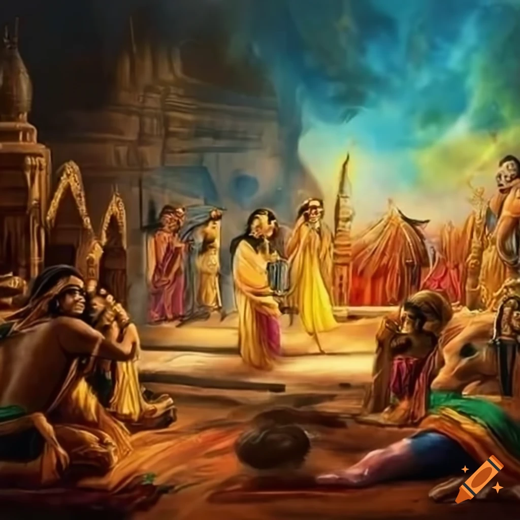 Scene from Mahabharata with all five brothers watching Krishna save ...