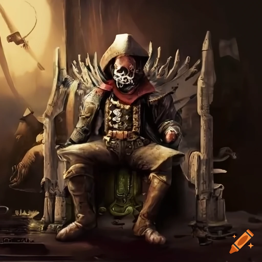 Pirate captain on a throne in a post-apocalyptic wasteland with ship in ...
