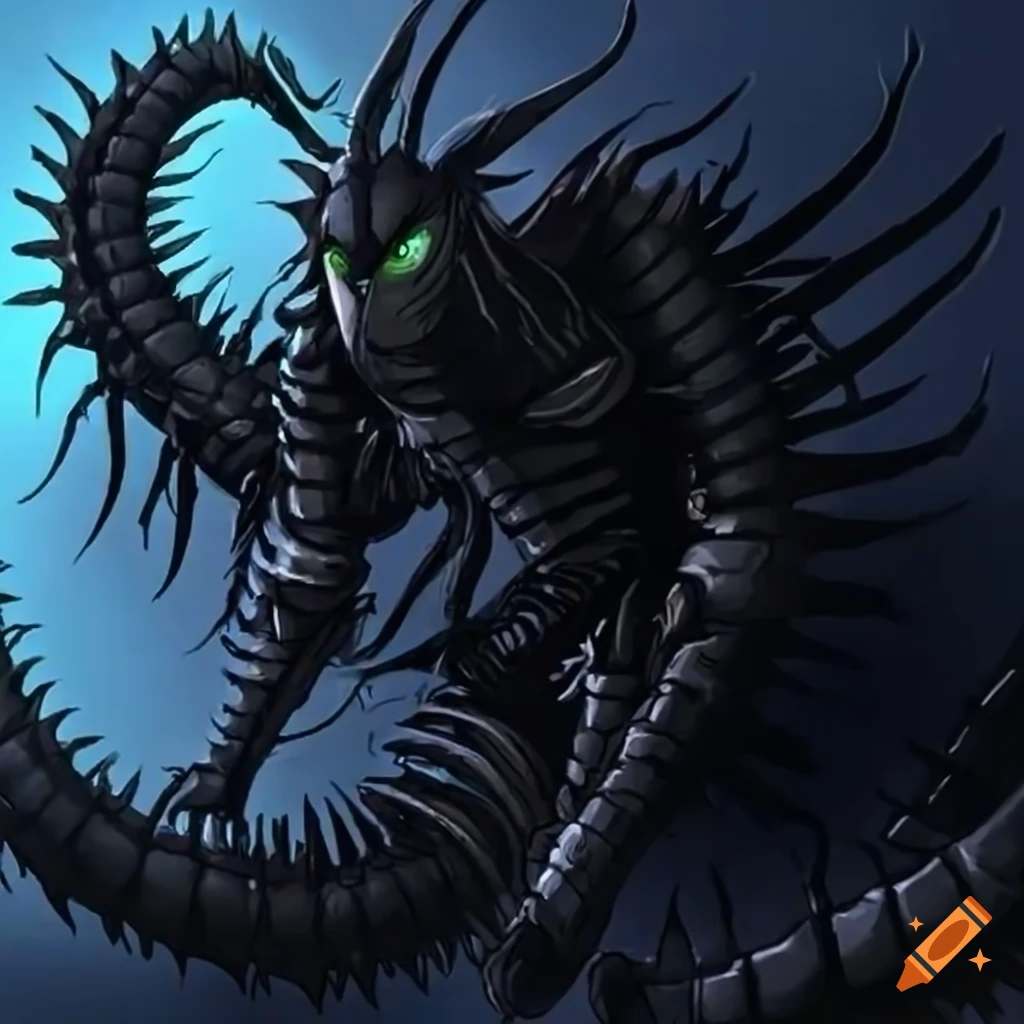 Fierce anime character in black centipede armor with sharp teeth and ...