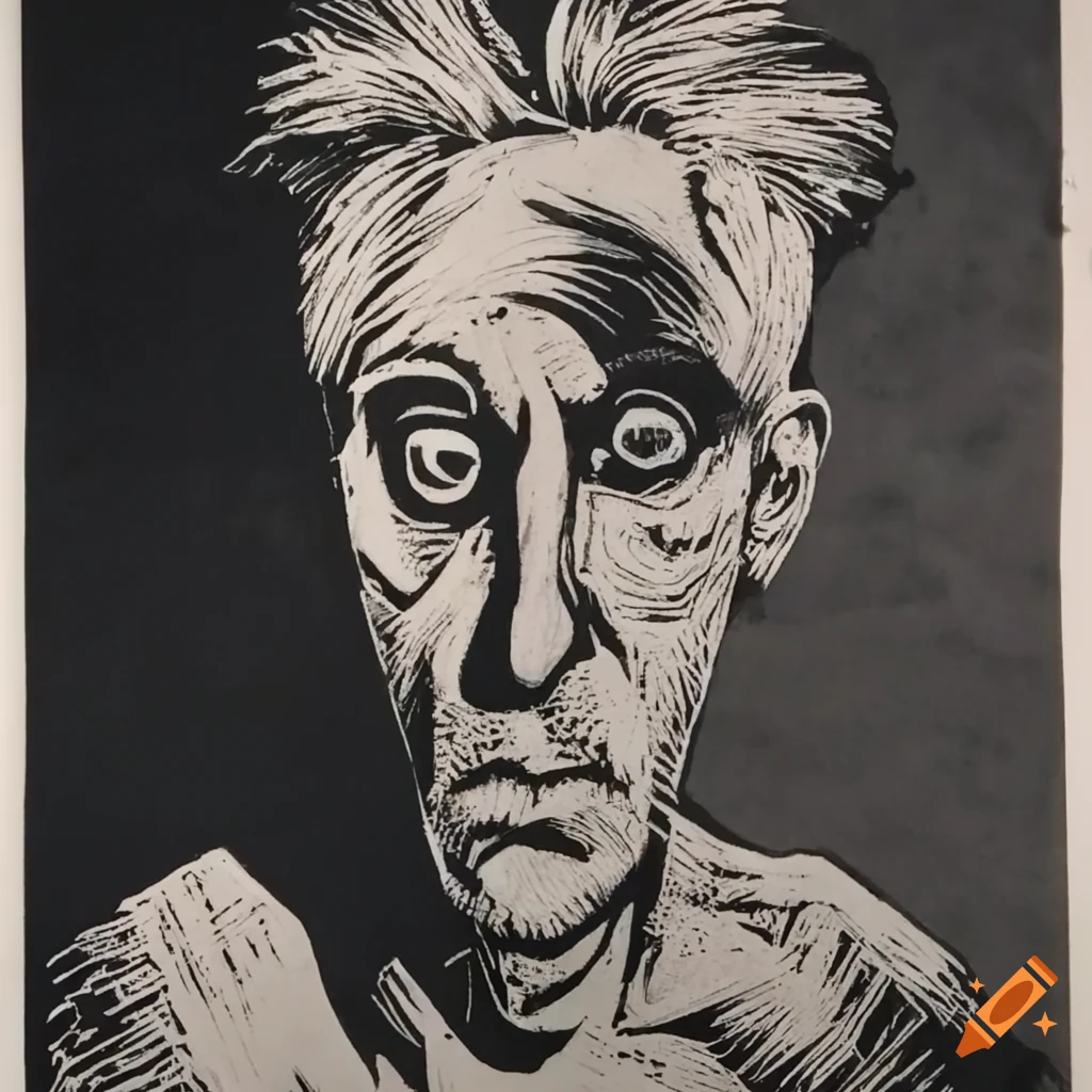 Linocut art of men with exaggerated emotions inspired by Otto Dix and ...