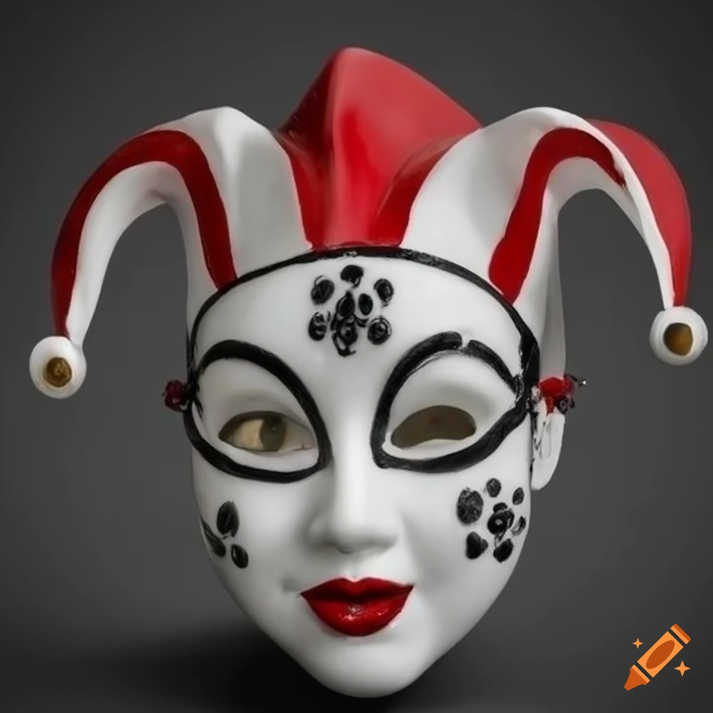 Ornate porcelain female jester mask in red, white, and black colors on ...