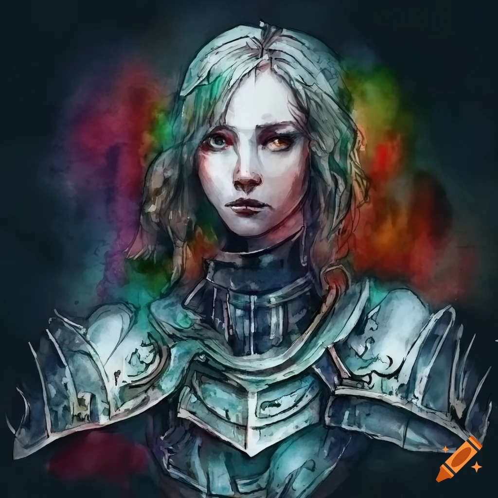 Colorful watercolor concept art of a gothic knight in armor with ...