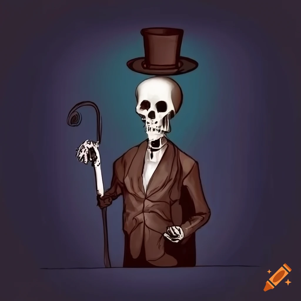 Skeleton in suit with top hat and monocle holding a cane in Tim Burton ...