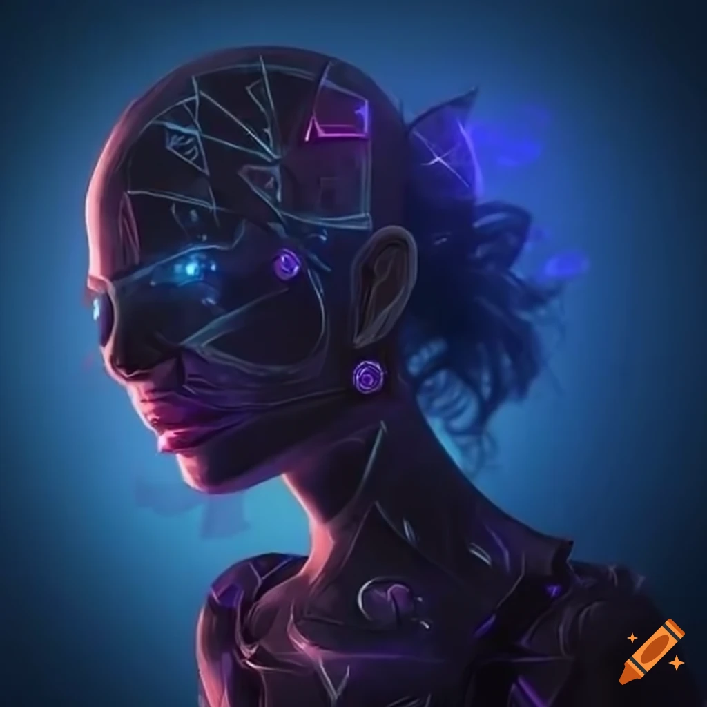 Shadowy translucent woman with advanced runes and robot features on Craiyon